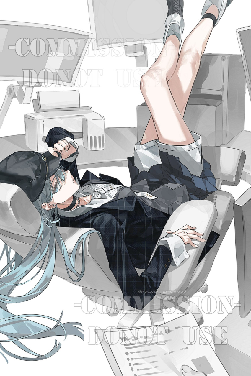 Safebooru - 1girl bead necklace beads black hat black jacket blue eyes blue hair commission ...