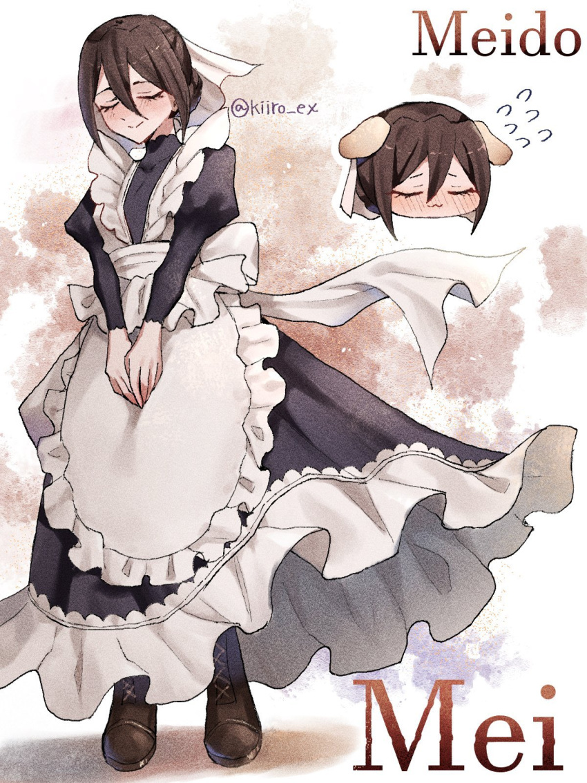 Safebooru - 1girl :3 animal ears apron black dress blush boots brown background brown boots ...