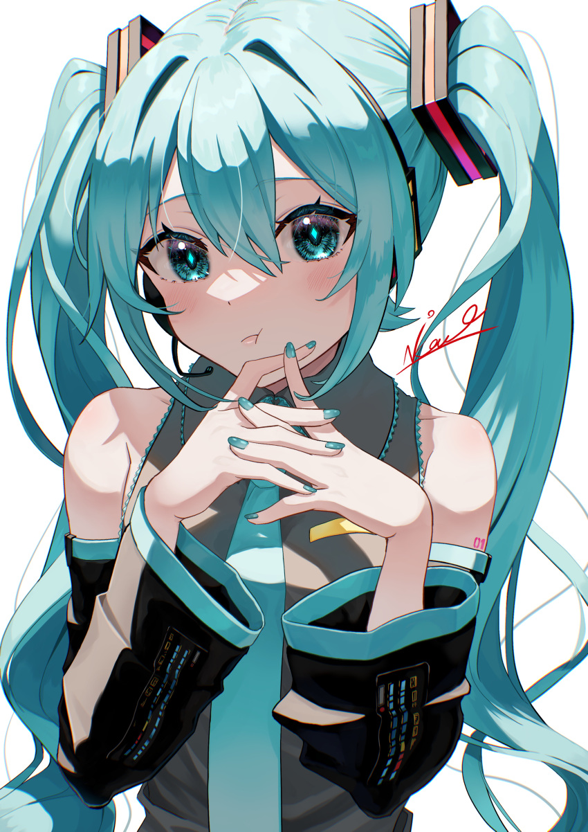 Safebooru - 1girl absurdres aqua eyes aqua hair aqua necktie bare shoulders black sleeves collar ...