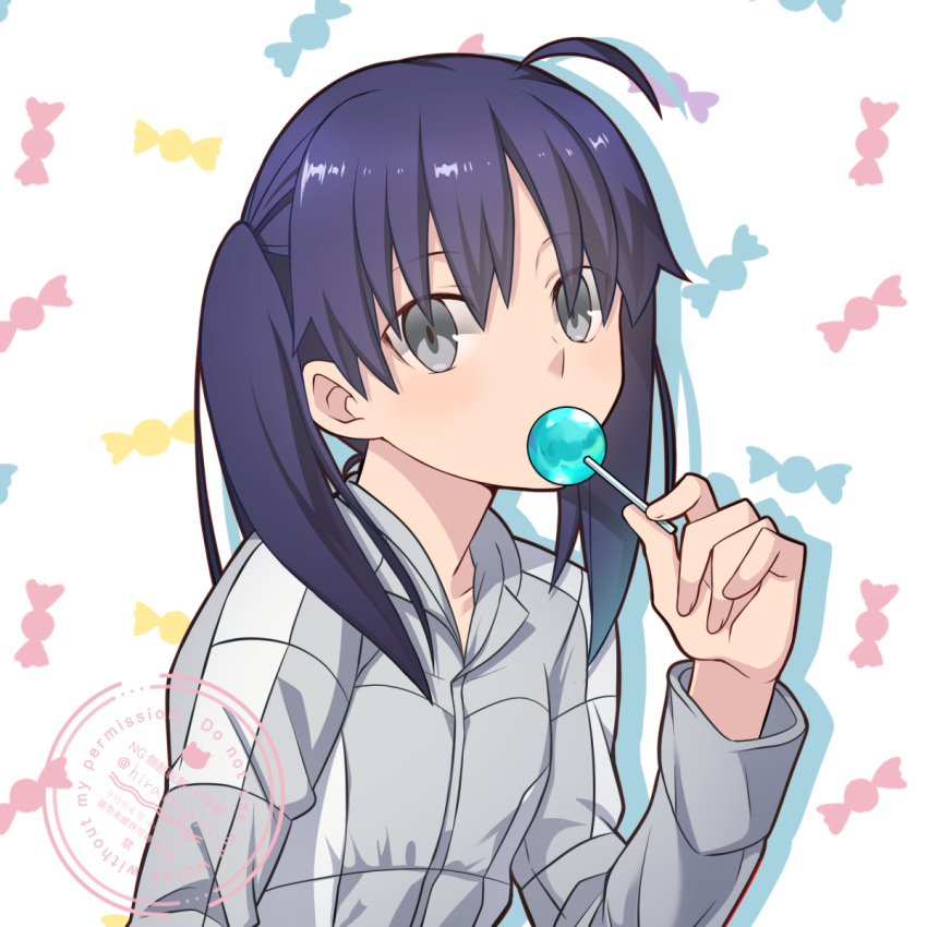 Safebooru - ahoge blue hair candy food grey eyes grey shirt highres hirakawa holding holding ...