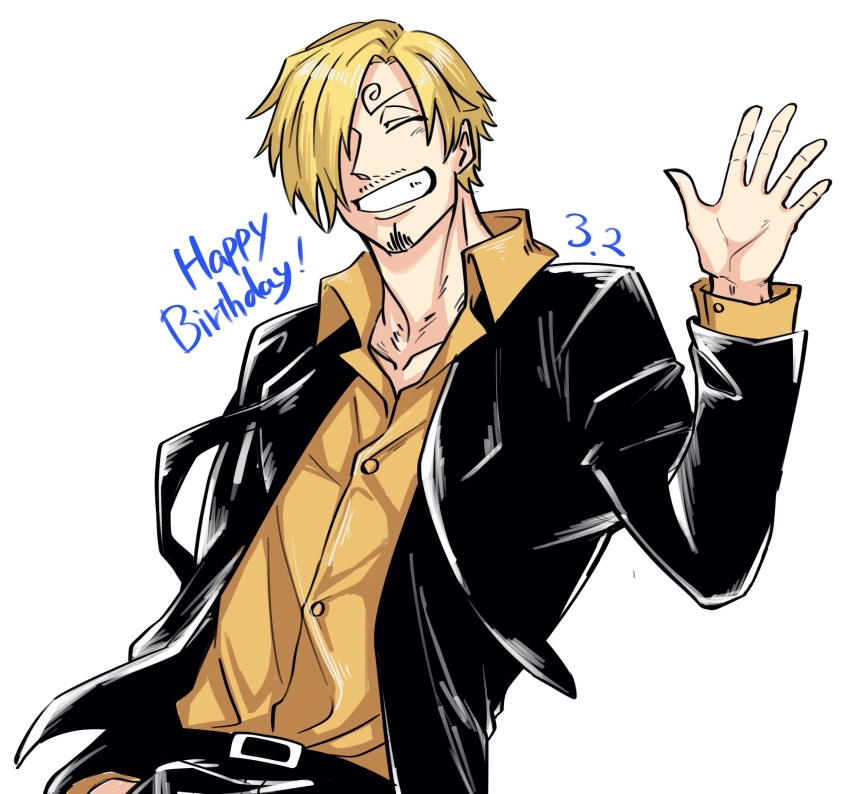 Safebooru - 1boy ^ ^ black jacket black suit blonde hair closed eyes commentary curly hair dated ...