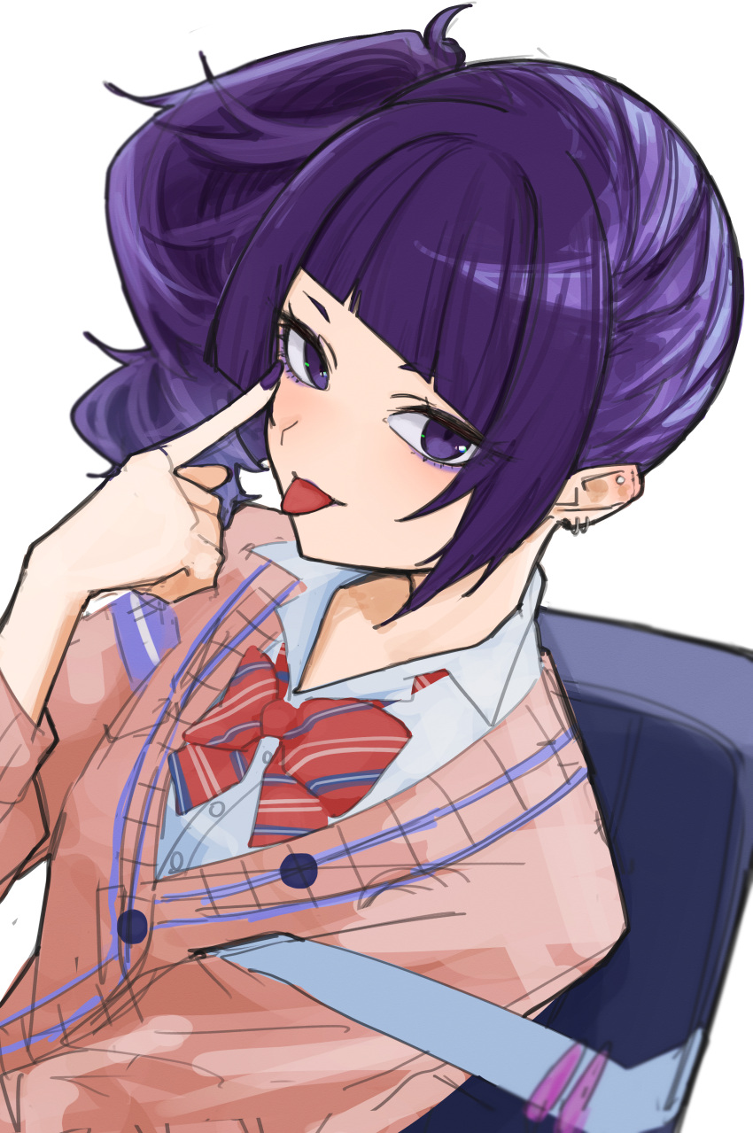 Safebooru - 1girl absurdres blunt bangs bow collared shirt diagonal bangs ear piercing earrings ...