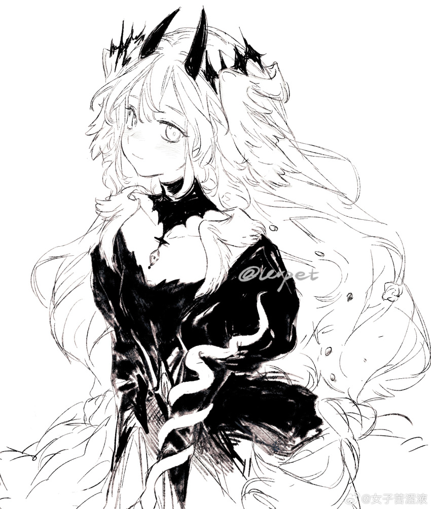 Safebooru - 1girl black dress blush dress greyscale highres horns long hair monochrome original ...