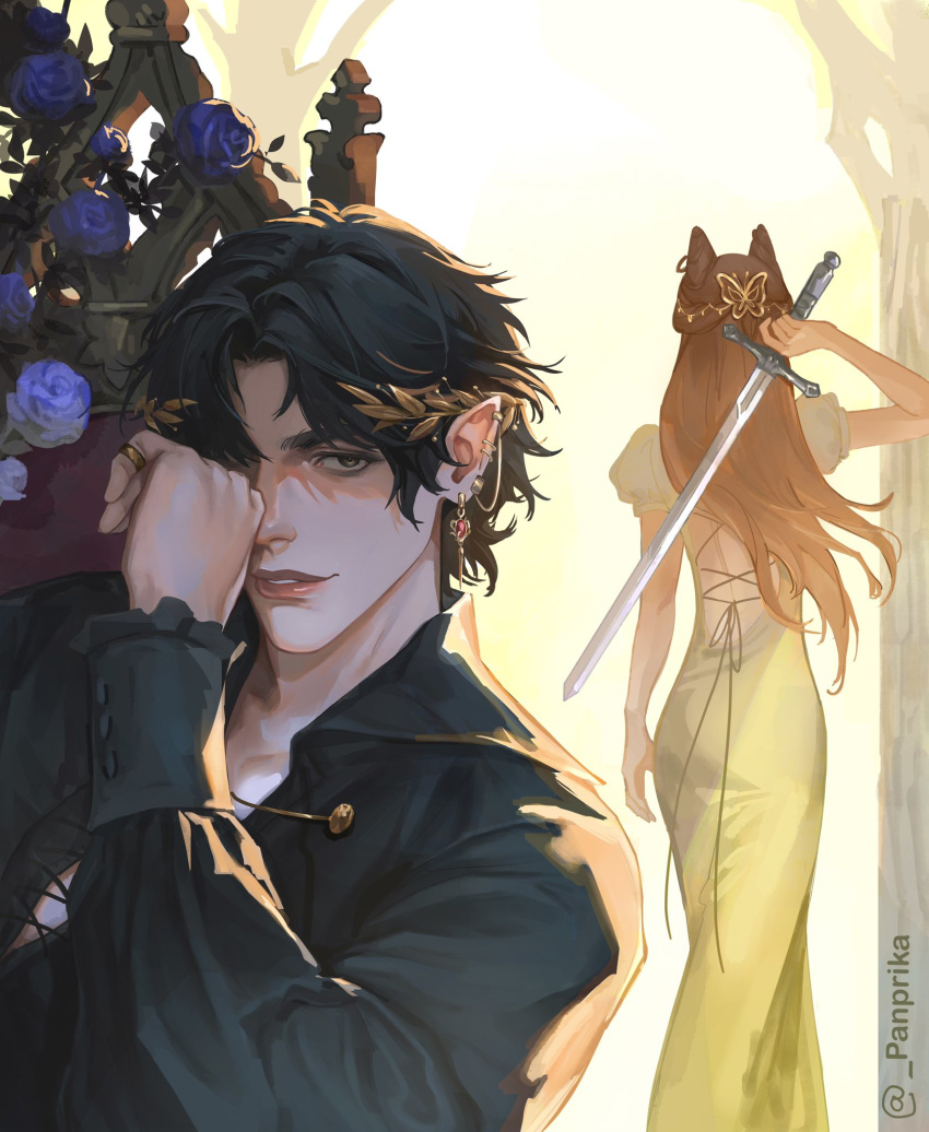 Safebooru - 1boy 1girl apron backless outfit black eyes black hair brown hair butterfly hair ...