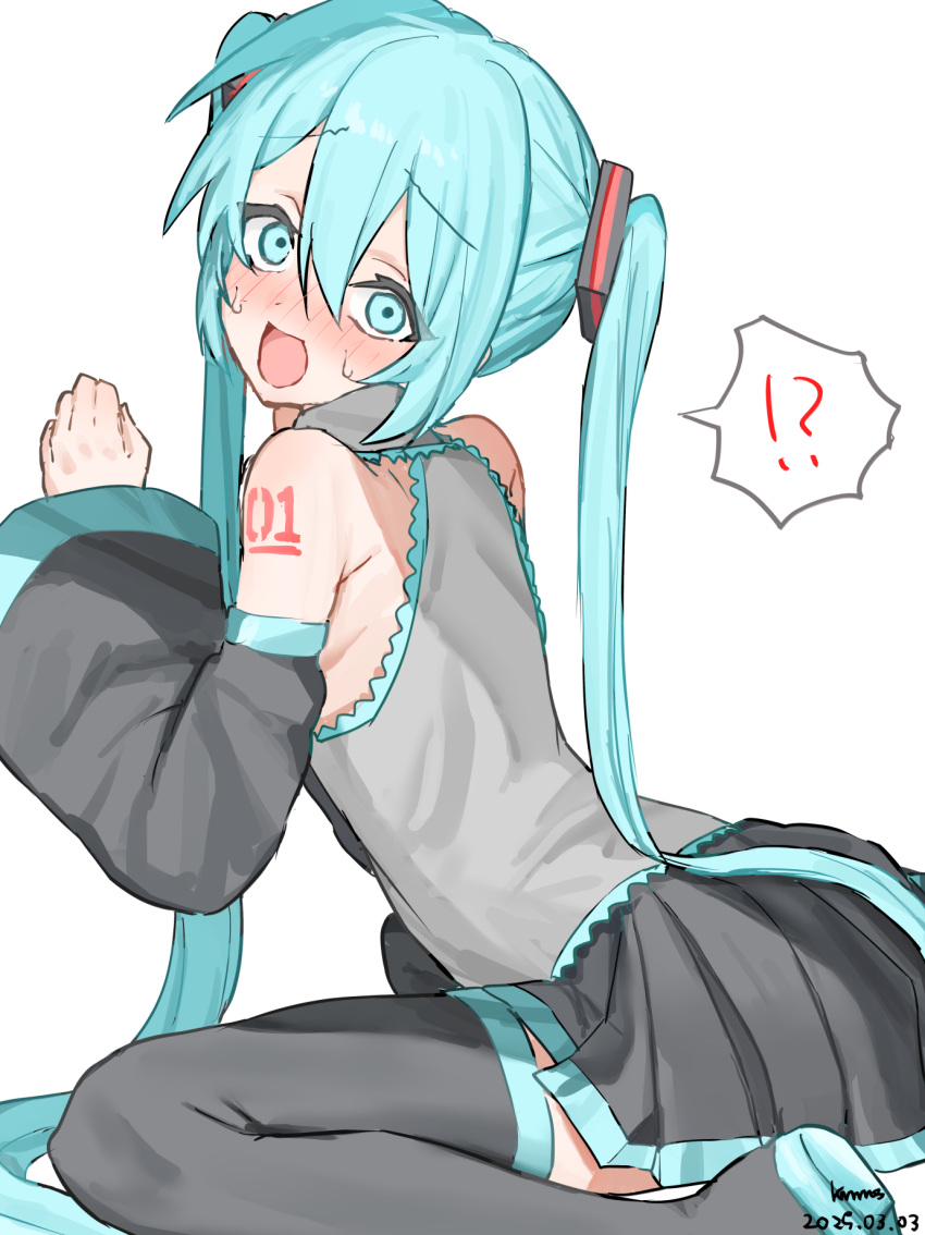 Safebooru - aqua eyes aqua hair bare shoulders black skirt black thighhighs blush grey shirt ...
