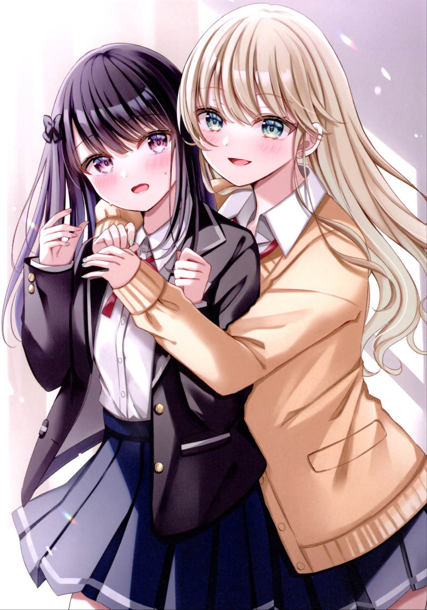 Safebooru - 2girls absurdres black hair blonde hair blush collared shirt green eyes highres hug ...