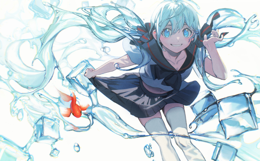 Safebooru - 1girl aqua eyes aqua hair black bow black sailor collar black skirt blush bottle ...