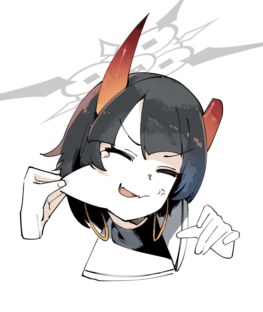 Safebooru - 1girl 1other anger vein black hair blue archive broken horn cheek pull closed eyes ...