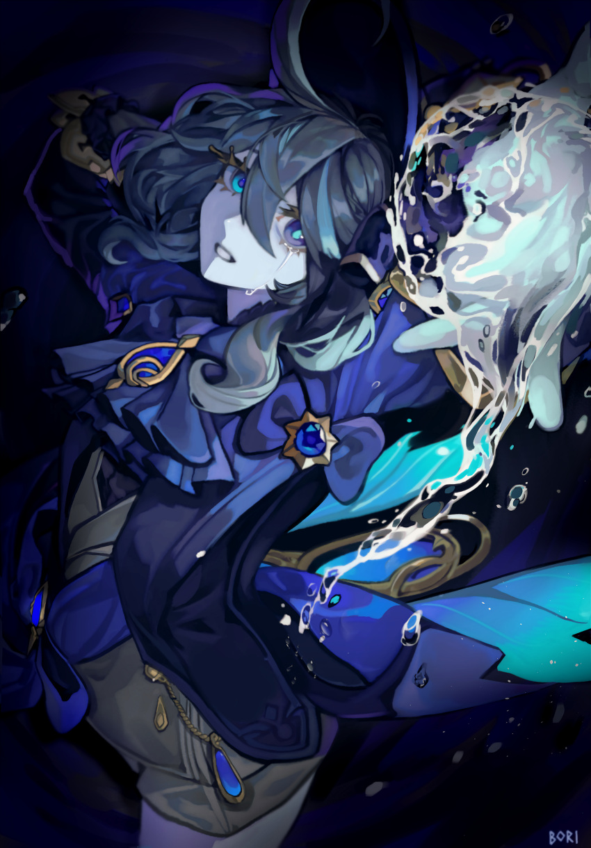 Safebooru - 1girl absurdres ahoge artist name ascot black gloves blue eyes blue gemstone blue ...