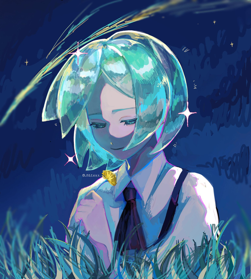 Safebooru - 1other aqua hair artist name black necktie comet flower gem ...