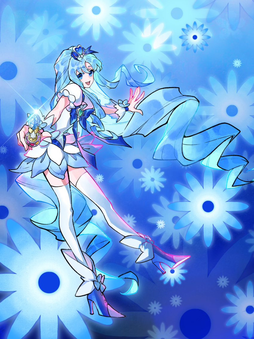 Safebooru - 1girl absurdly long hair absurdres beads blue background blue boots blue bow blue ...