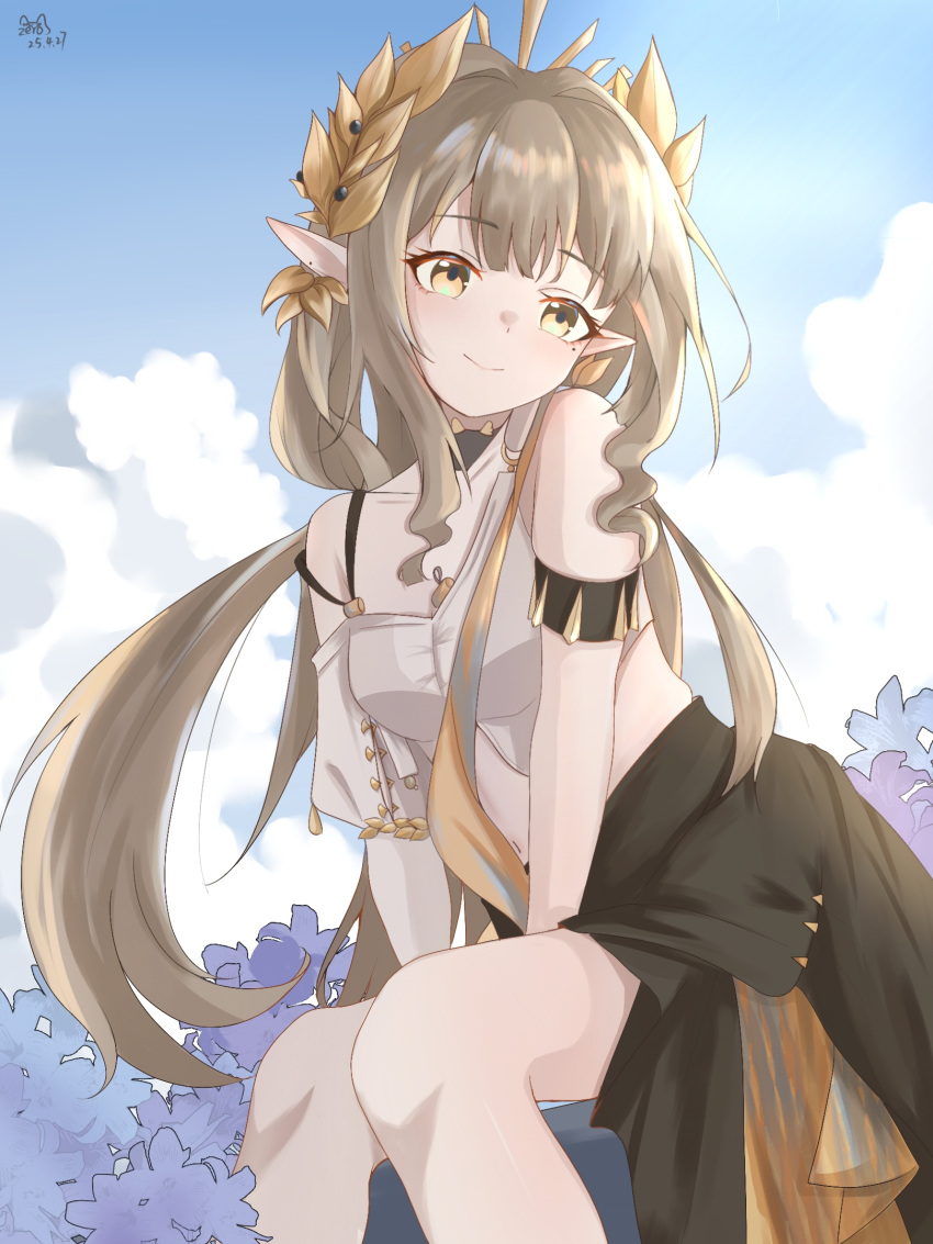 Safebooru - 1girl arknights blue sky brown hair closed mouth clouds dated elf highres laurels ...