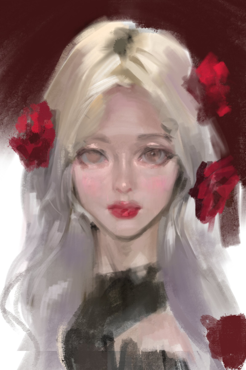 Safebooru - 1girl black shirt blonde hair bm94199 brown eyes flower highres long hair original ...