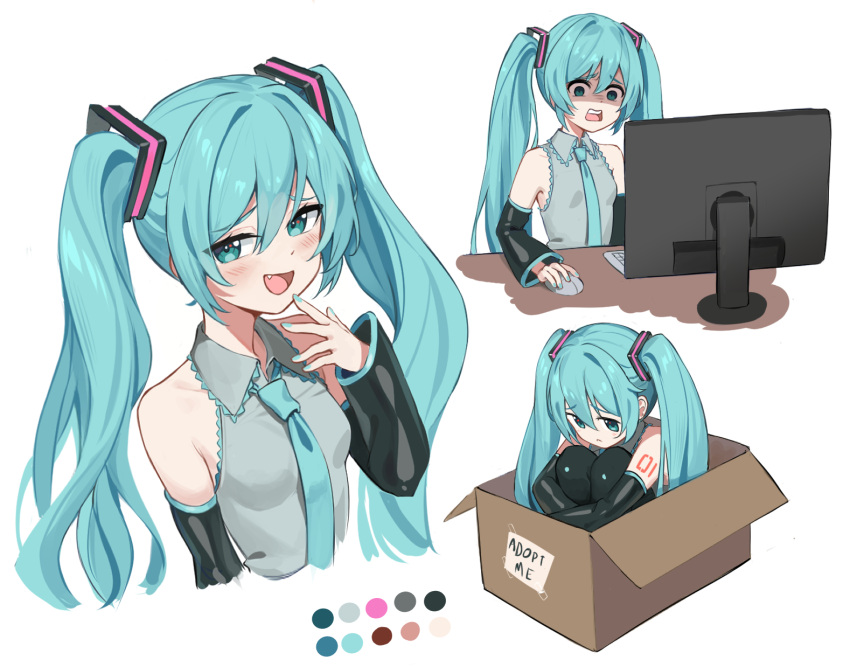 Safebooru - 1girl :d bib (bibboss39) black sleeves blue hair blue necktie box breasts cardboard ...