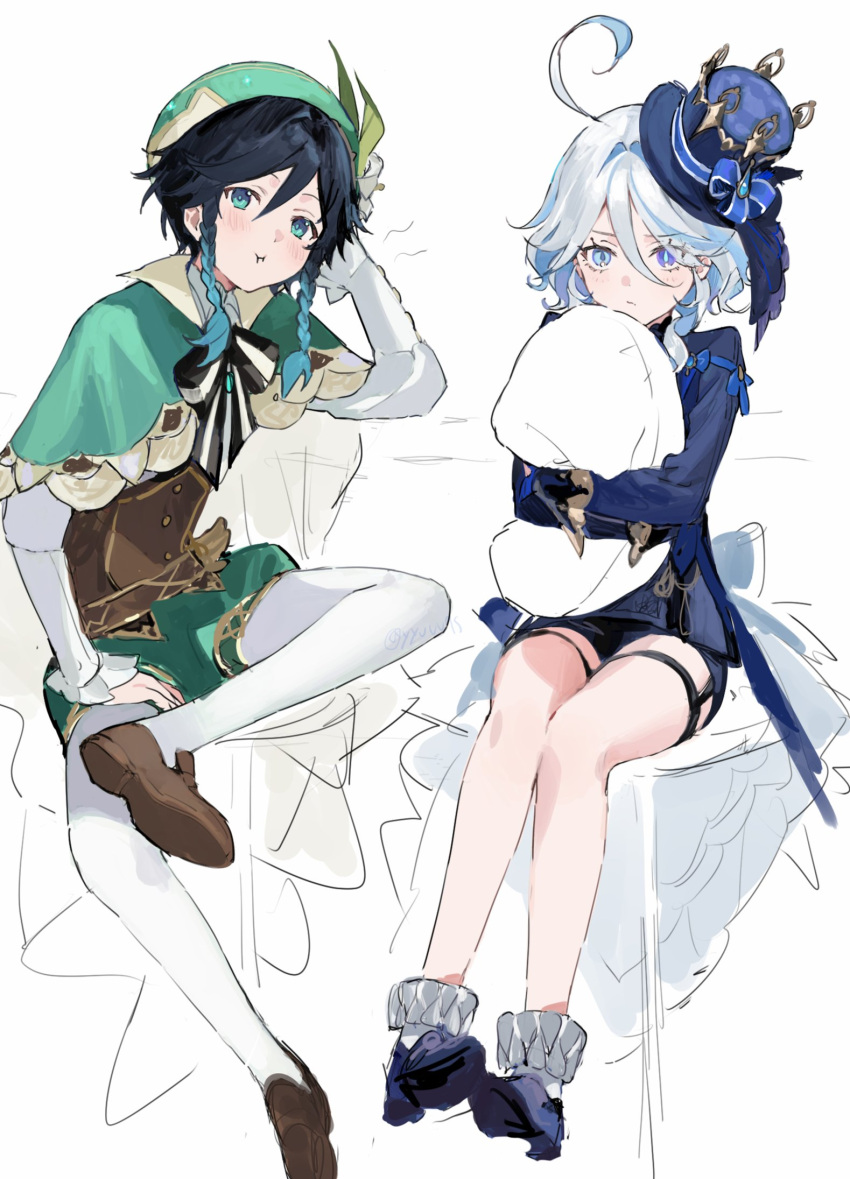 Safebooru - 1boy 1girl ahoge aqua eyes aqua hair black hair blue eyes blue hat capelet closed ...