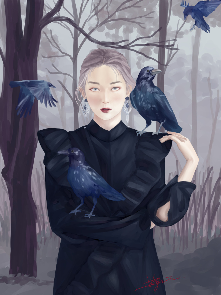 Safebooru - 1girl aisuigetsu bare tree bird black dress blue eyes brown hair closed mouth ...