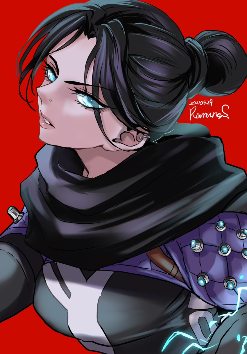 Safebooru - 1girl apex legends artist name bangs black bodysuit black hair black scarf blue eyes ...