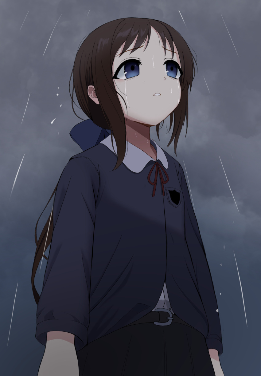 Safebooru - 1girl belt black shirt black skirt blue bow blue eyes bow brown hair crying crying ...