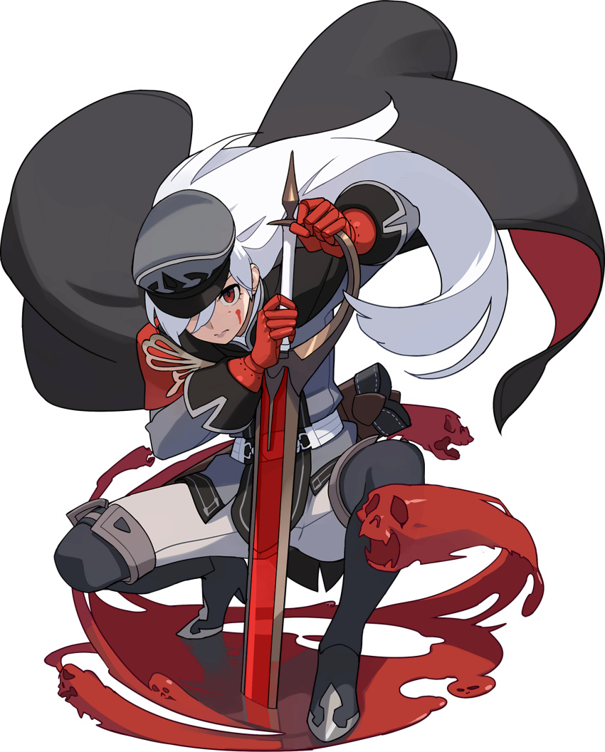 Safebooru - 1girl arm up artist request bangs belt black cape black footwear blood blood on face ...