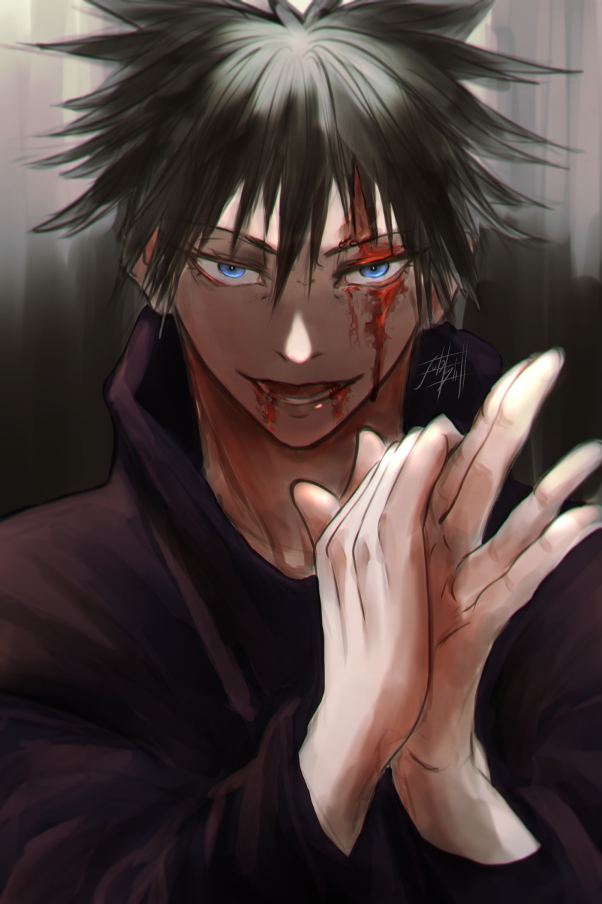 Safebooru - 1boy :d bangs black hair blood blood on face blue eyes ...