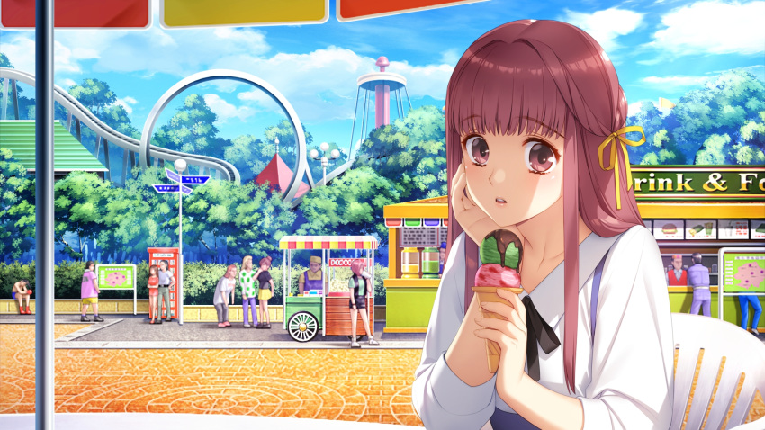 Safebooru - 1girl amusement park bangs black ribbon braid brown eyes ...
