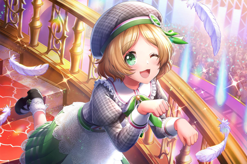 Safebooru - 1girl blonde hair blush d4dj dress feathers green eyes hat official art short hair ...