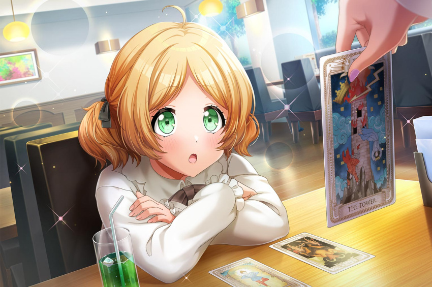 Safebooru - 1girl blonde hair blush d4dj dress green eyes official art short hair takeshita ...