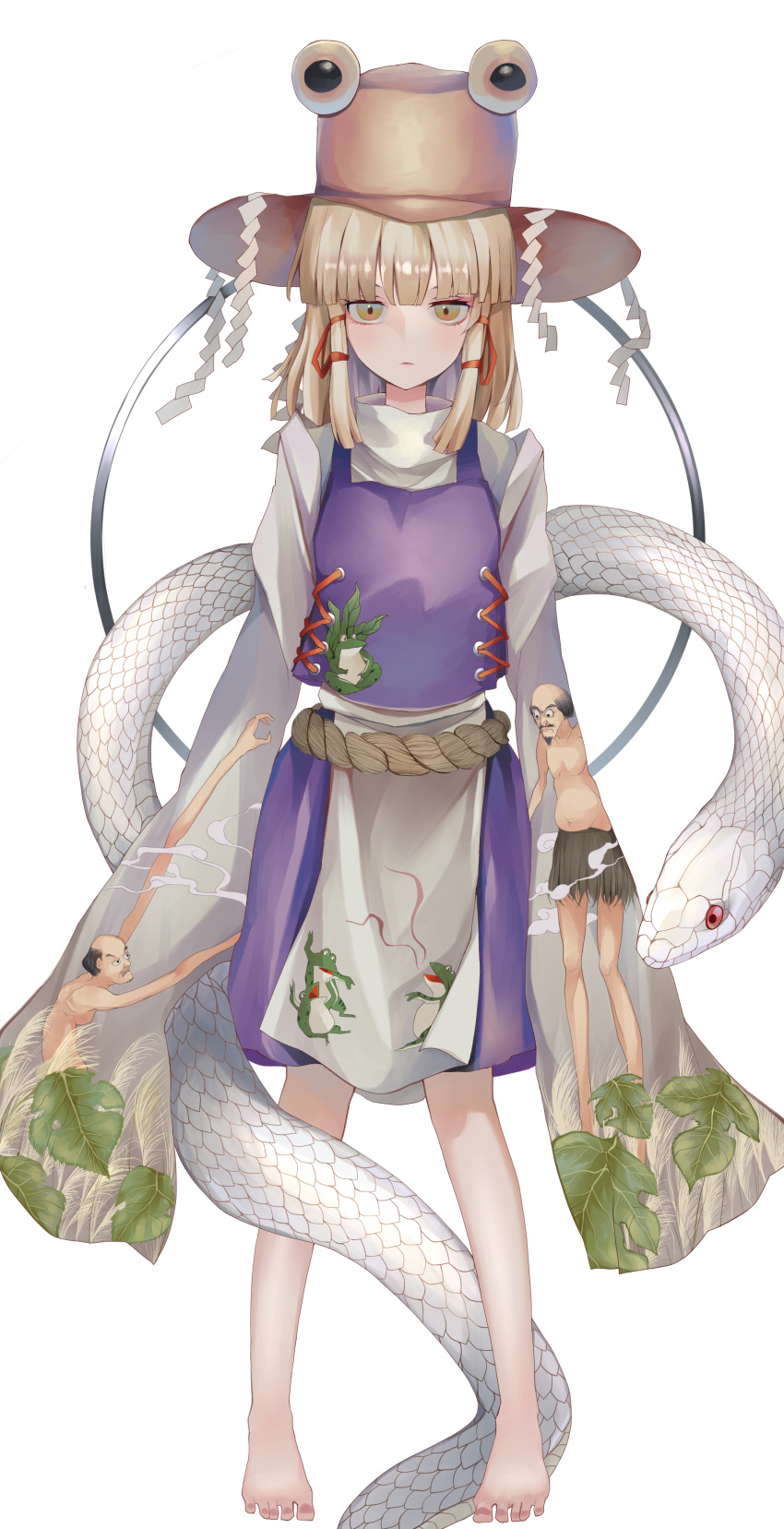 Safebooru - 1girl absurdres animal print bangs barefoot blonde hair brown headwear closed mouth ...