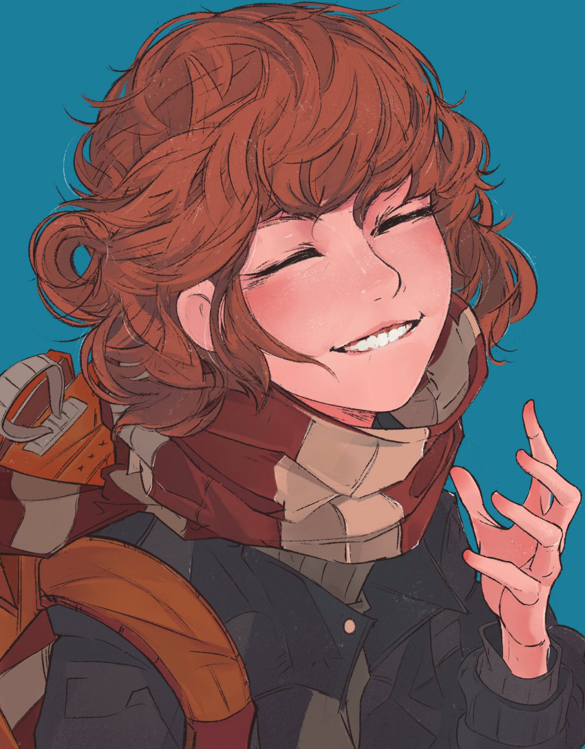 Safebooru - 1girl backpack bag bangs black jacket blue background blush brown hair closed eyes ...