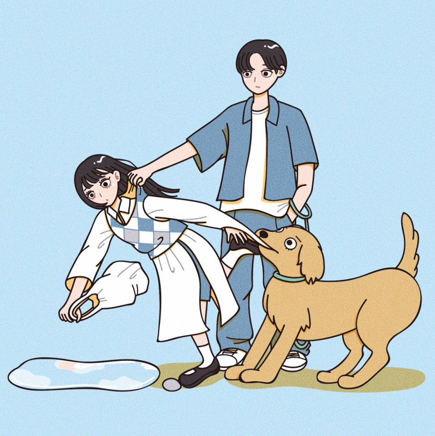 Safebooru - 1boy 1girl bag bangs black eyes black footwear black hair blue background blue pants ...