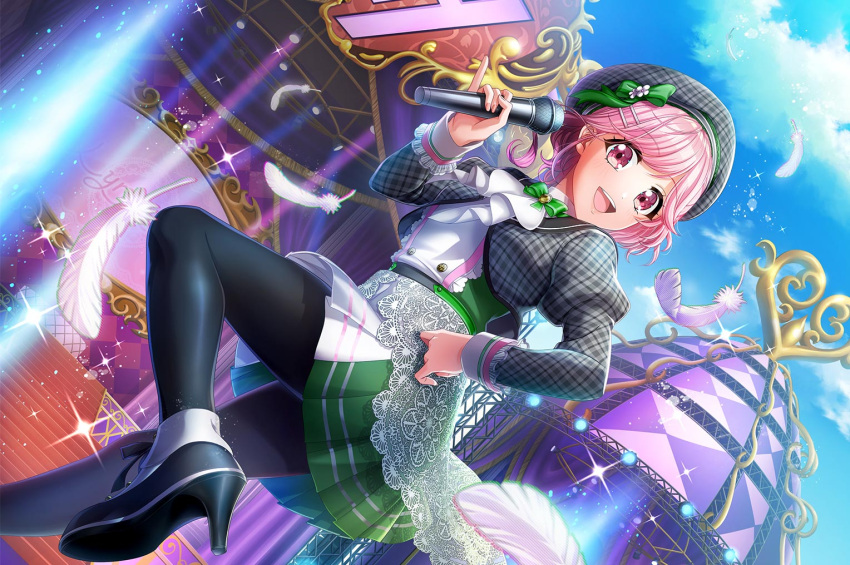 Safebooru - 1girl blush d4dj dress feathers high heels microphone official art pantyhose pink ...