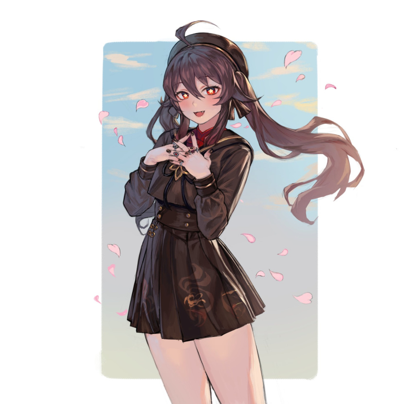 Safebooru - 1girl ahoge alternate costume black headwear black nails black skirt blue sky blush ...