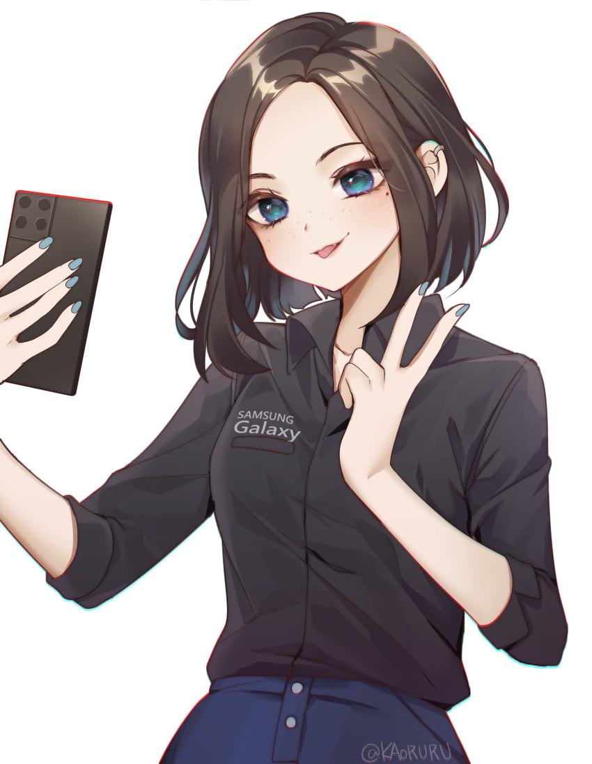 Safebooru - 1girl absurdres atobesakunolove black shirt blue eyes blue nails blue pants brown ...