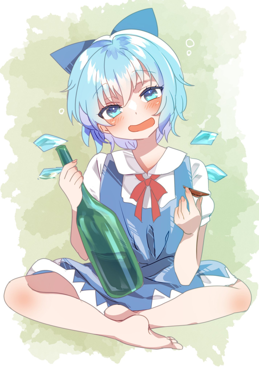Safebooru - 1girl blue dress blue eyes blue hair blush bottle bow cirno cup dress full body grey ...