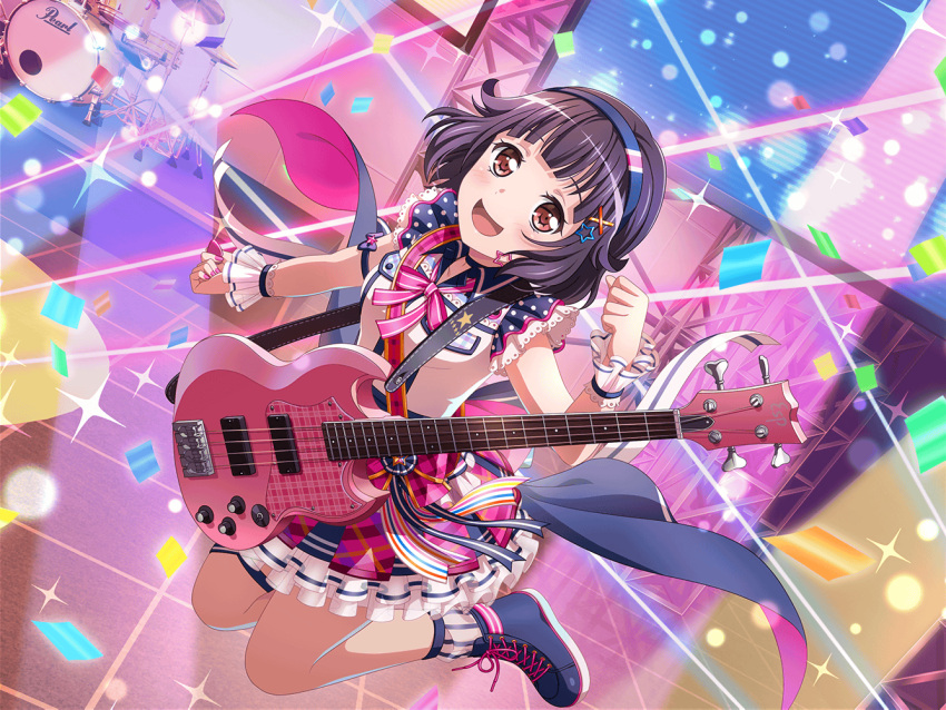 Safebooru - bang dream! black hair blush dress guitar official art red eyes short hair smile ...