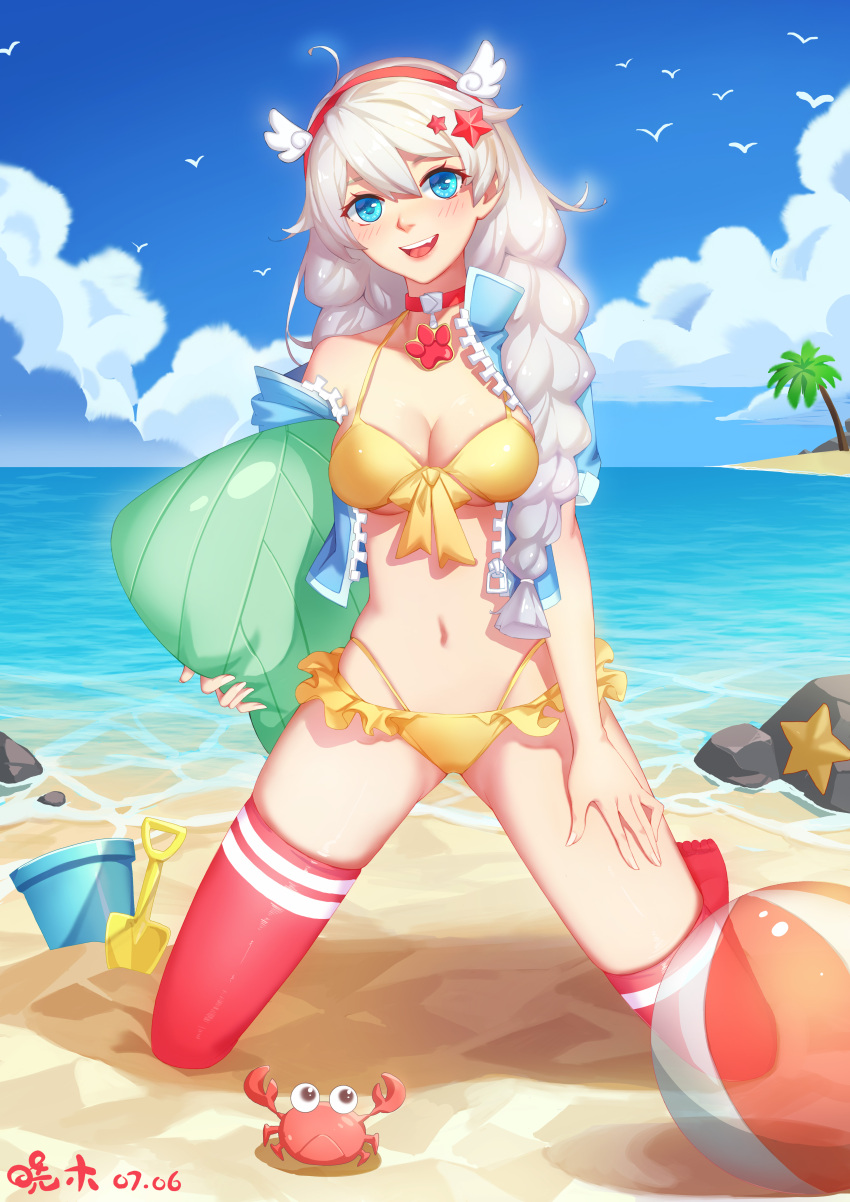 Safebooru - 1girl absurdres ball beach beachball bikini blue eyes blue sky braid clouds cloudy ...