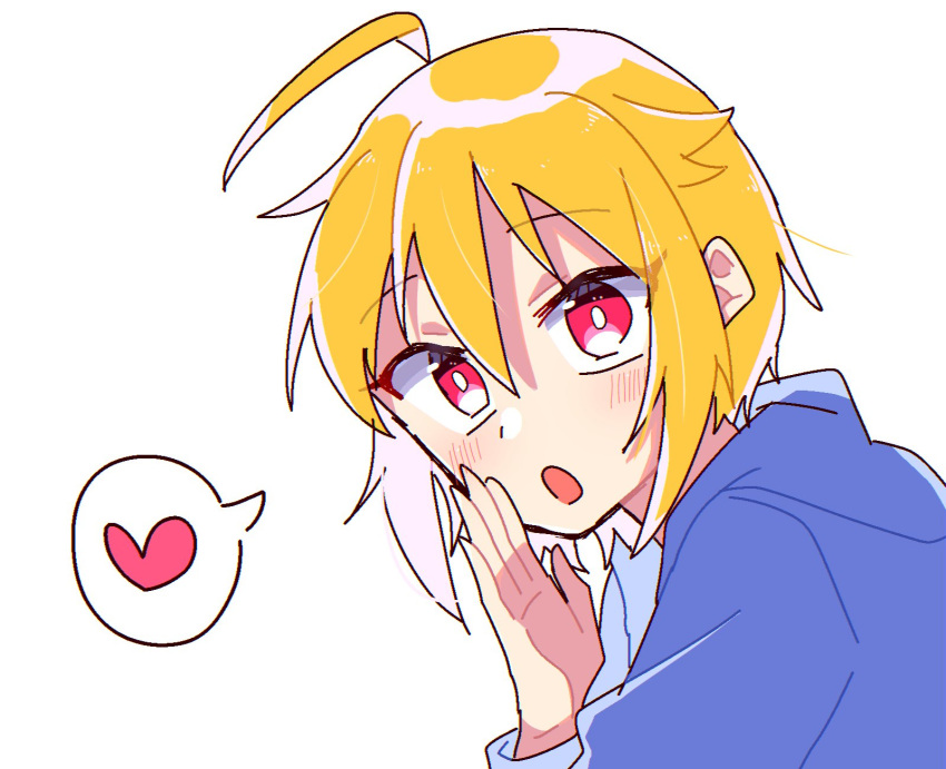 Safebooru - 1girl ahoge blonde hair blue hoodie hand on own face heart ...