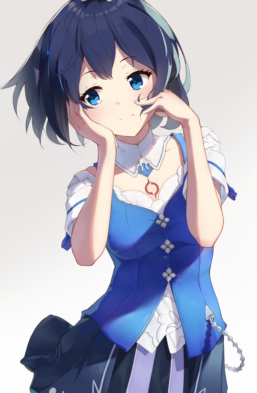 Safebooru - 1girl alternate costume blue eyes blue hair closed mouth hands on own face highres ...