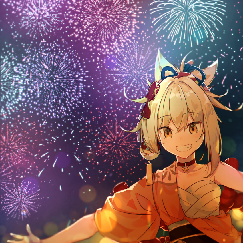 Safebooru - 1girl bandages bare shoulders blonde hair choker fireworks ...
