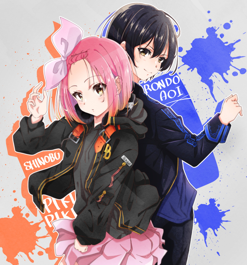 Safebooru - 2girls androgynous back-to-back bangs bangs pinned back black hair black jacket ...