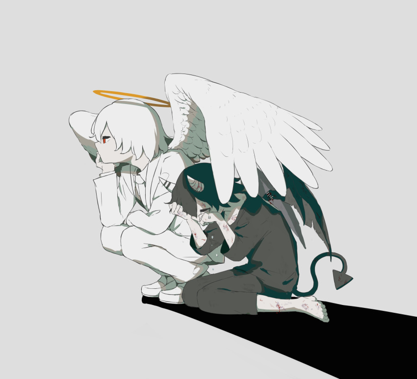 Safebooru - 2boys absurdres angel angel wings avogado6 barefoot black pants black shirt bruise ...