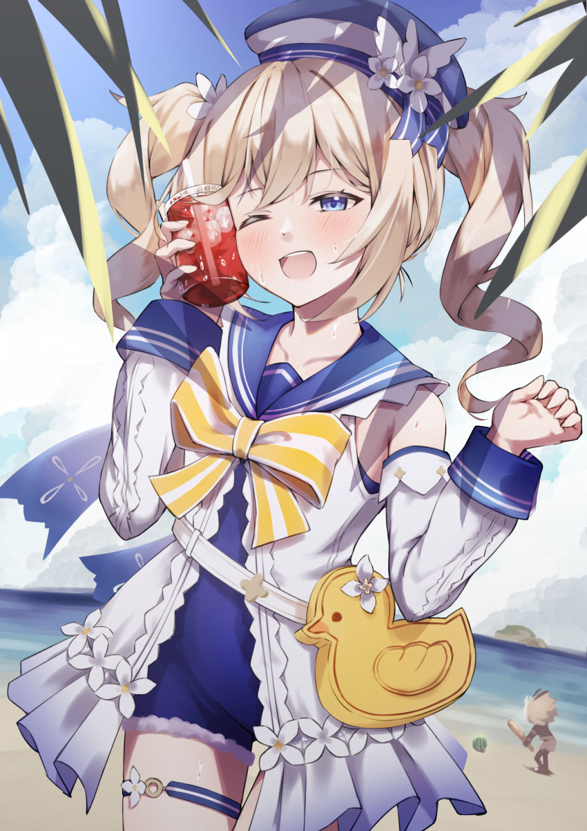 Safebooru - 1girl ;d barbara pegg bare shoulders blue sky blush cup detached sleeves drill hair ...