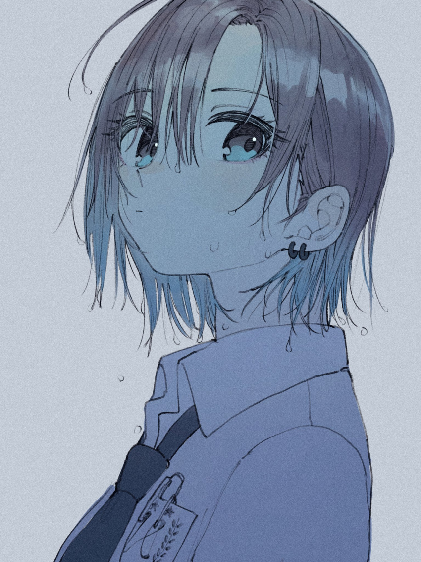 Safebooru - 1girl asakura tooru bangs black hair blue eyes blue hair breast pocket earrings ...