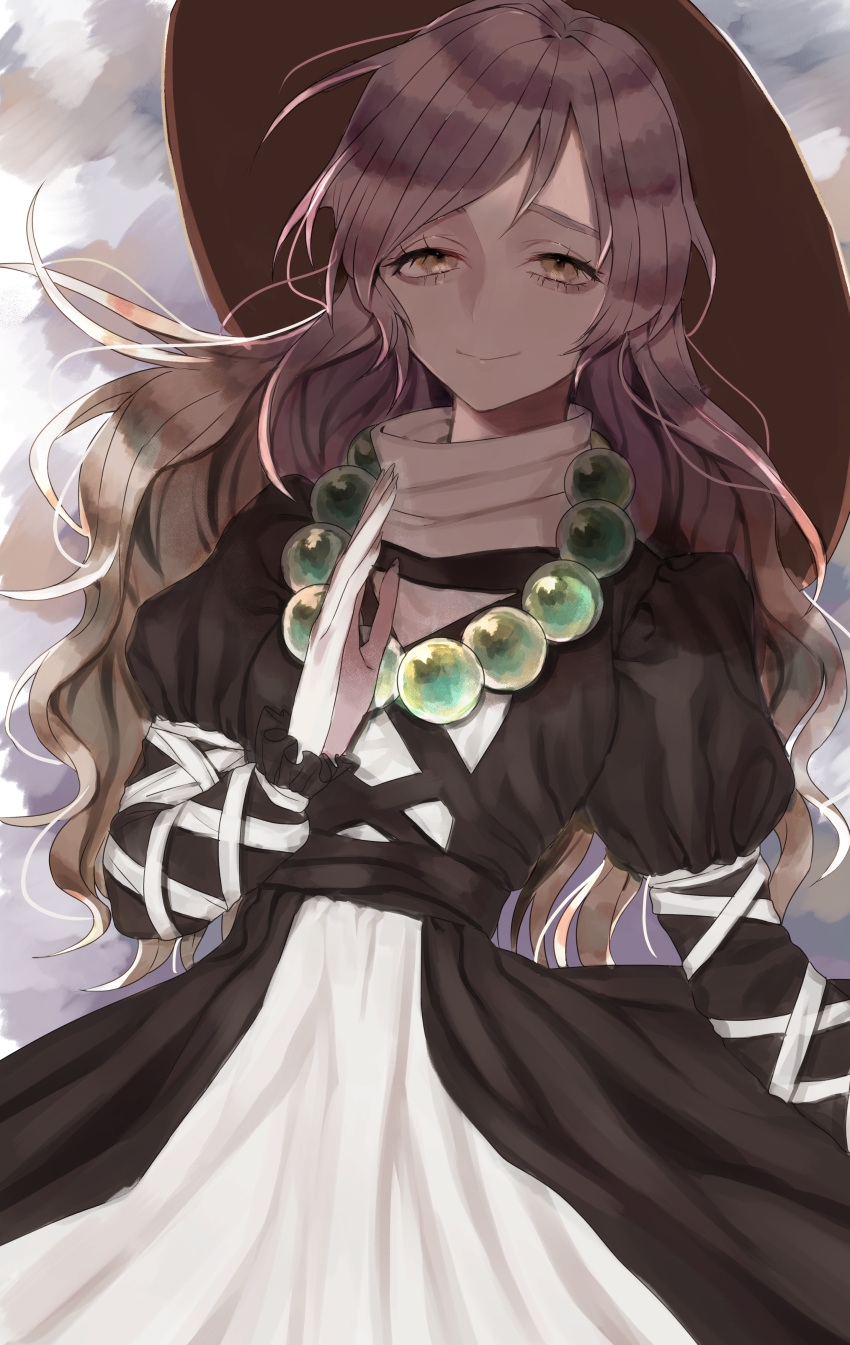 Safebooru - 1girl absurdres ajirogasa arm at side backlighting bangs beads black dress blonde ...