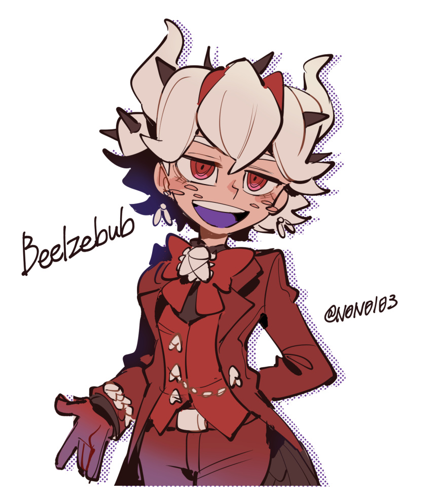 Safebooru - 1girl :d arm behind back bangs beelzebub (helltaker) belt bow bowtie character name ...