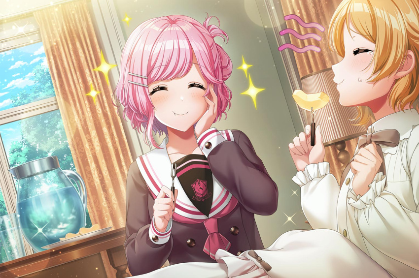 Safebooru - 2girls apple apple slice blonde hair blush closed eyes d4dj dress official art pink ...