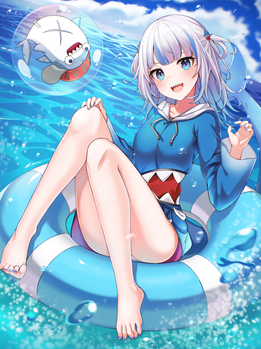 Safebooru - 1girl :d absurdres bangs bare legs barefoot bloop (gawr gura) blue eyes blue hair ...