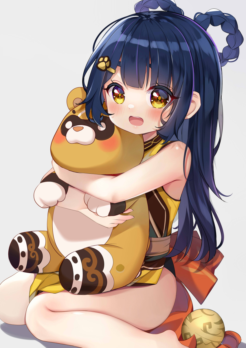 Safebooru - 1girl :d absurdres bangs barefoot blue hair blush braid brown eyes china dress ...