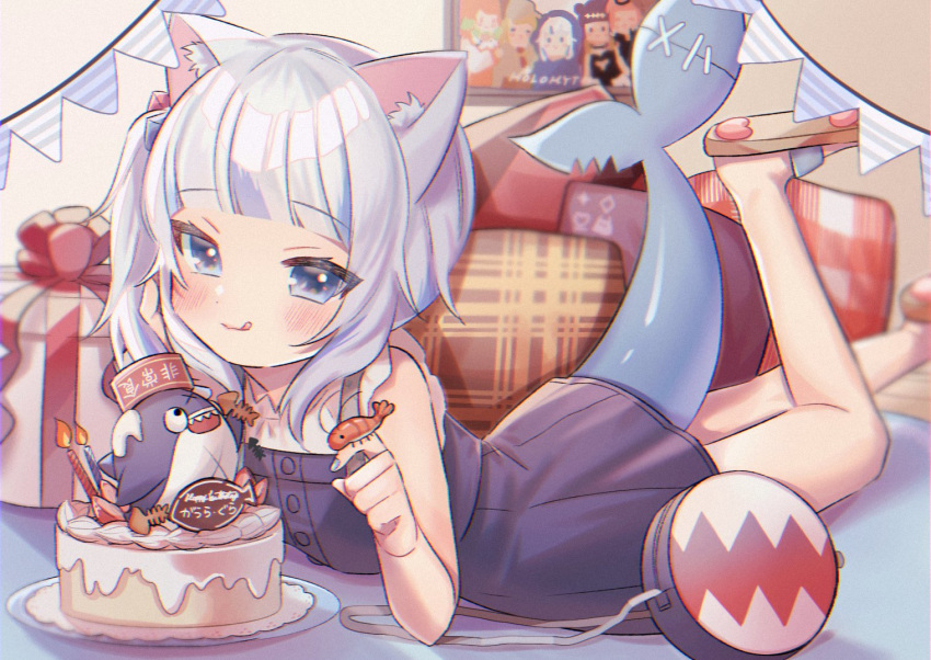 Safebooru - 1girl 852 box animal ears bangs bloop (gawr gura) blue eyes blue hair blush cat ears ...