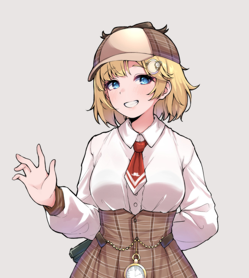 Safebooru - 1girl arm behind back bangs blonde hair blue eyes breasts collared shirt deerstalker ...
